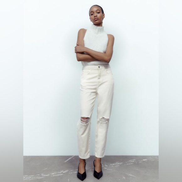 Zara | Jeans | Zara Ecru Ripped Mom Jeans | Poshmark